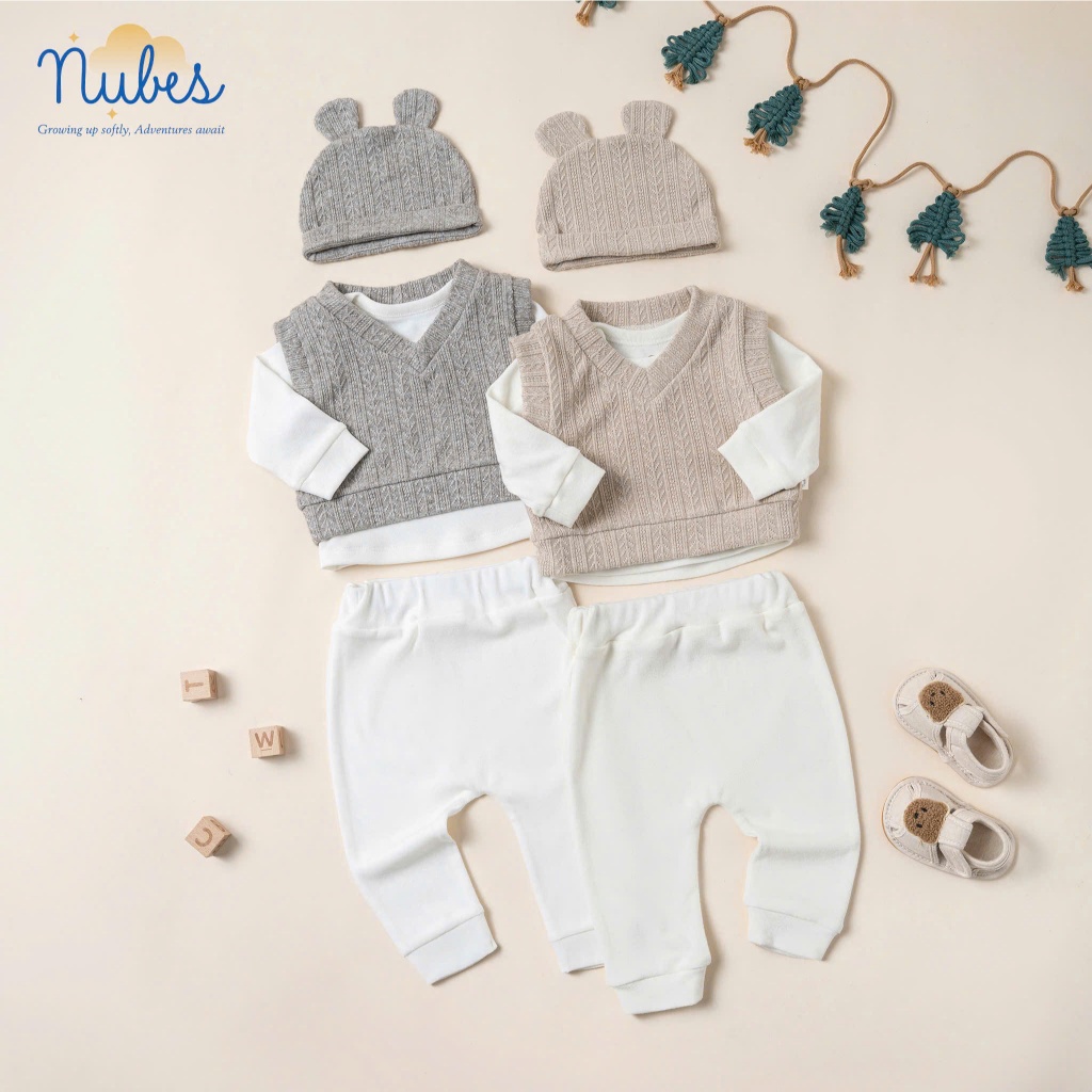 Bộ sơ sinh thu đông kèm áo Gile Nubes tặng kèm mũ chất Cotton Hàn Quốc ...