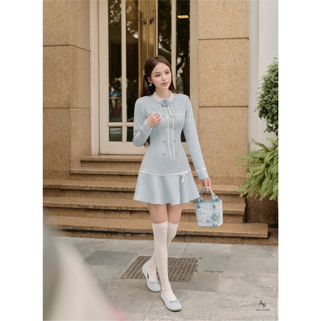 Ara - Váy thiết kế dạ xanh phối cổ nơ viền bèo Eleine Dress V82 ...