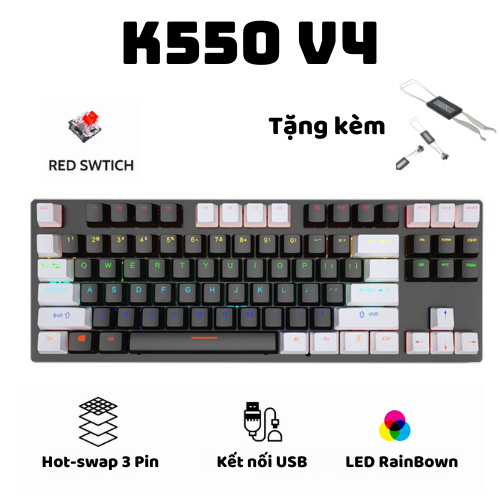 Bàn phím cơ Gaming Ziyou K550 V4 Red Switch TKL 87 phím, 10 chế độ Led ...