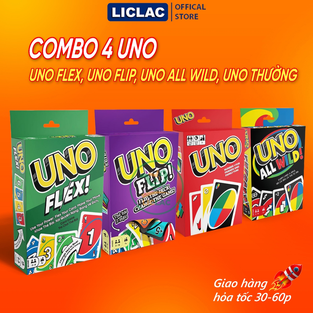 COMBO 4 Bài Uno Flip, Uno Flex, Uno All Wild, Uno Thường giấy cán màng ...