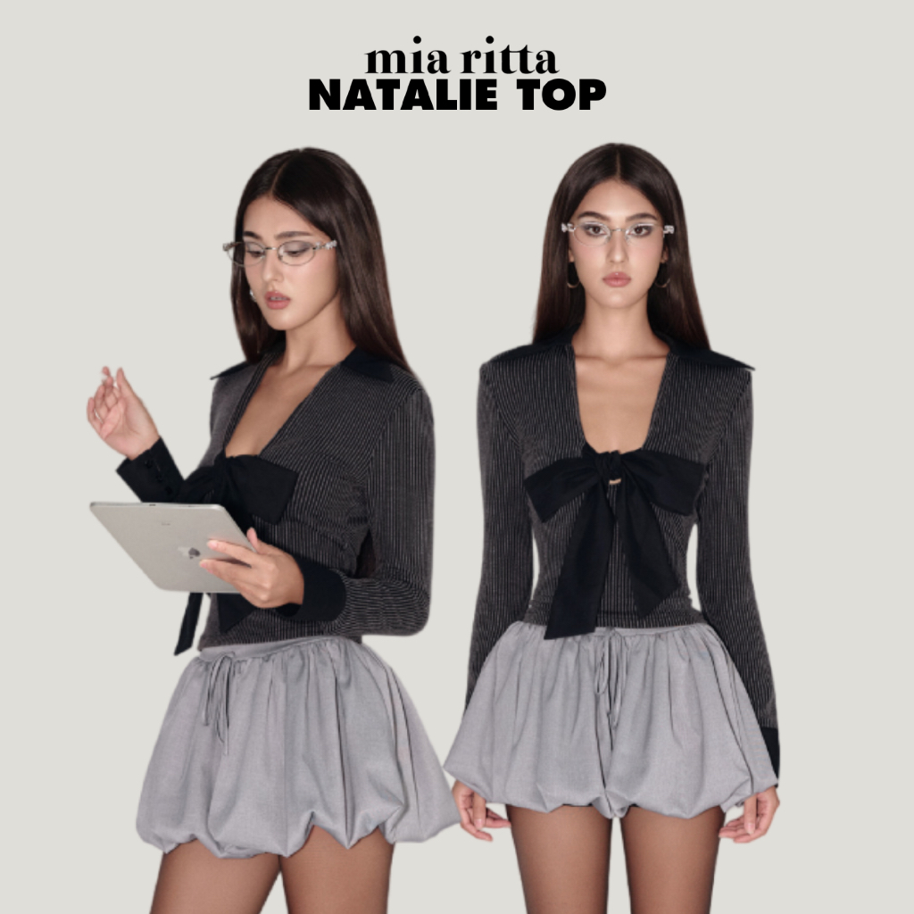 Áo len Natalie Top Mia Ritta A2211 - Áo len gân xám dài tay phối nơ ...