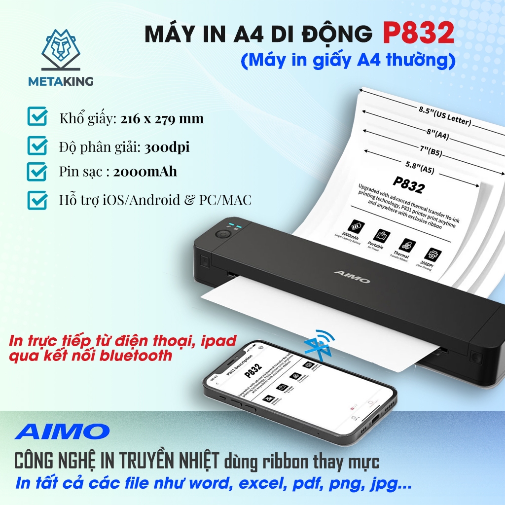 Máy In Di Động Tài Liệu P832 - In giấy A4 thường - Kết nối Bluetooth in ...