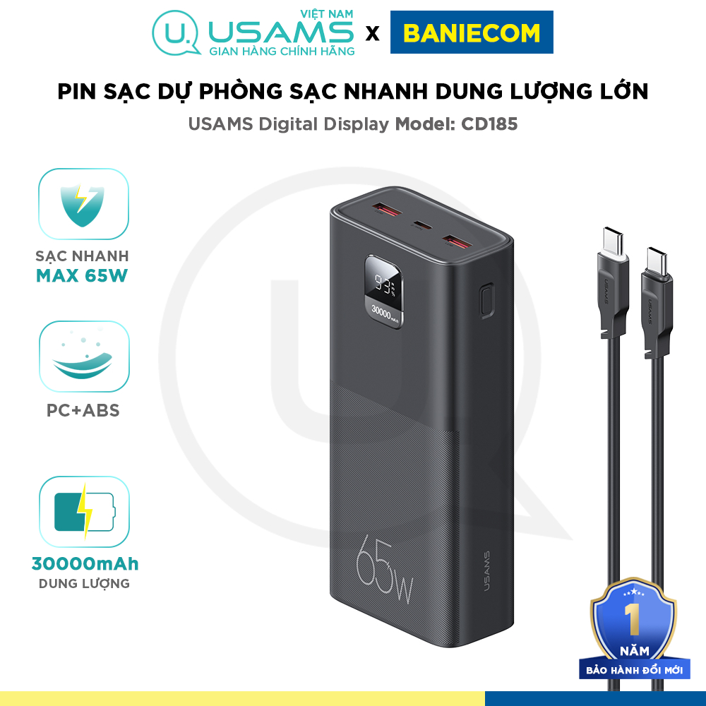 Pin Dự Phòng 30000mAh USAMS 65W CD185 2A1C PD/QC Fast Charging Cho Phones/Tablet/Laptop - USAMS ...