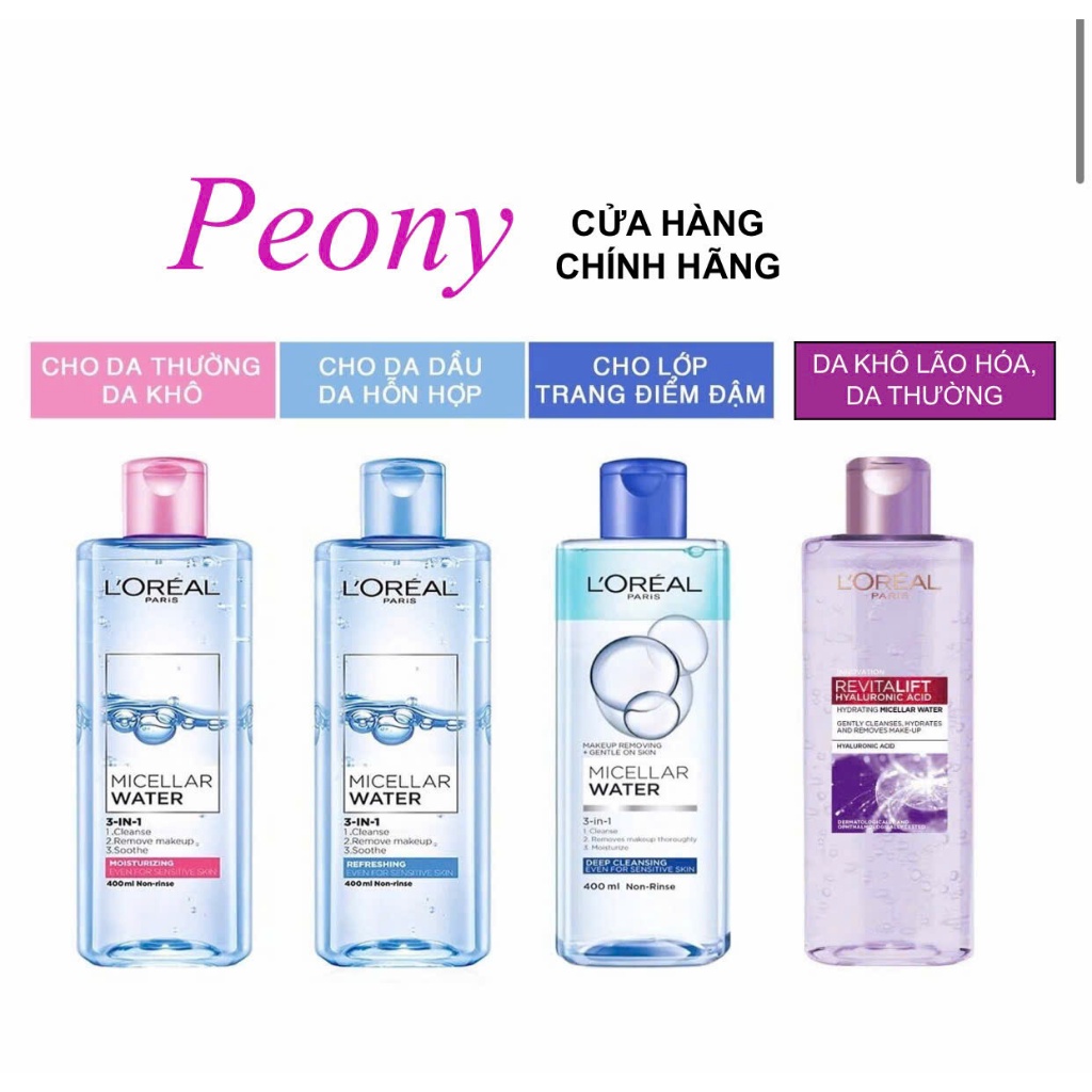 Nước tẩy trang Loreal L'Oreal Paris 3 in 1 Micellar Water 400ml hồng / xanh sạch sâu / tươi mát ...