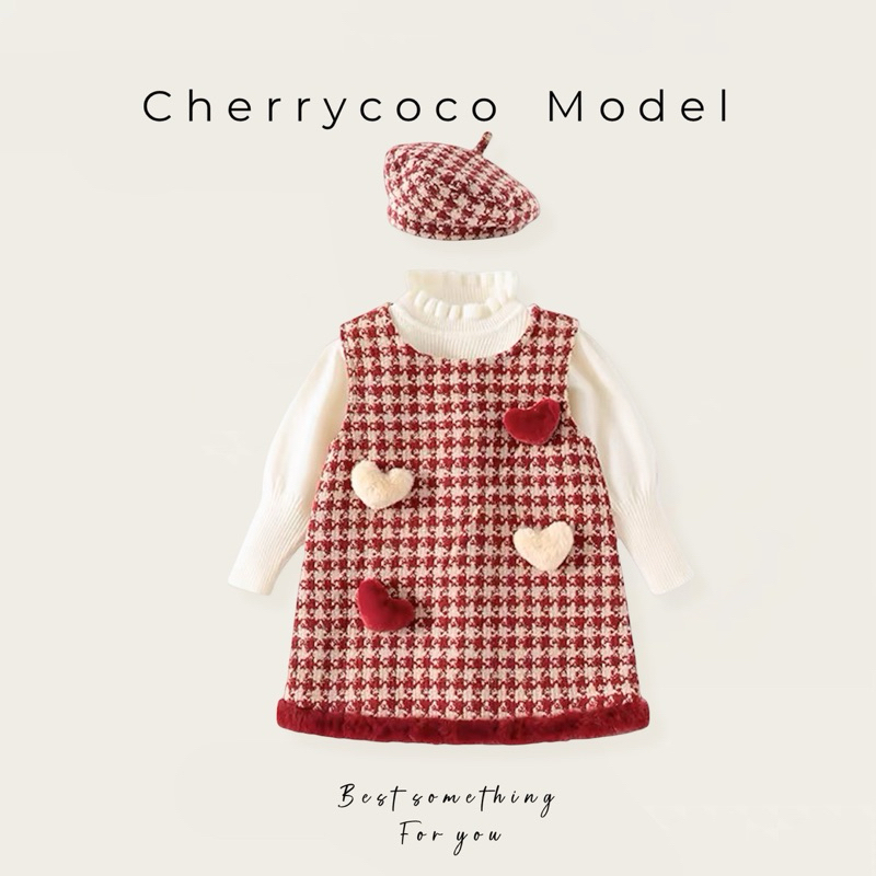 (Order) Váy + áo + mũ đính trái tim caro đỏ của Cherry Coco dành cho bé ...