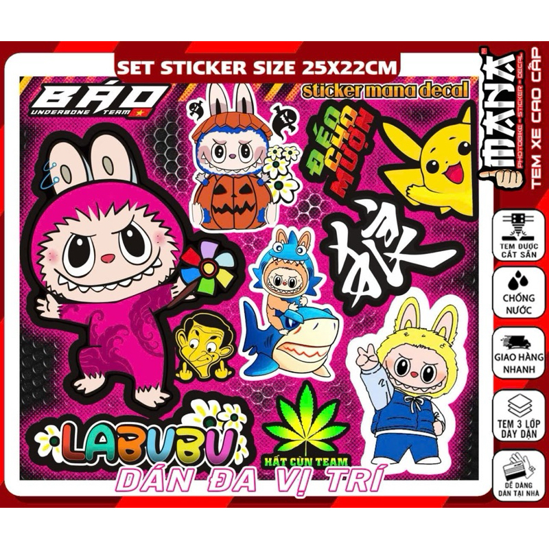 Tem dán xe, labubu dán xe pikachu dán đa vị trí,Sticker dán xe siêu ...