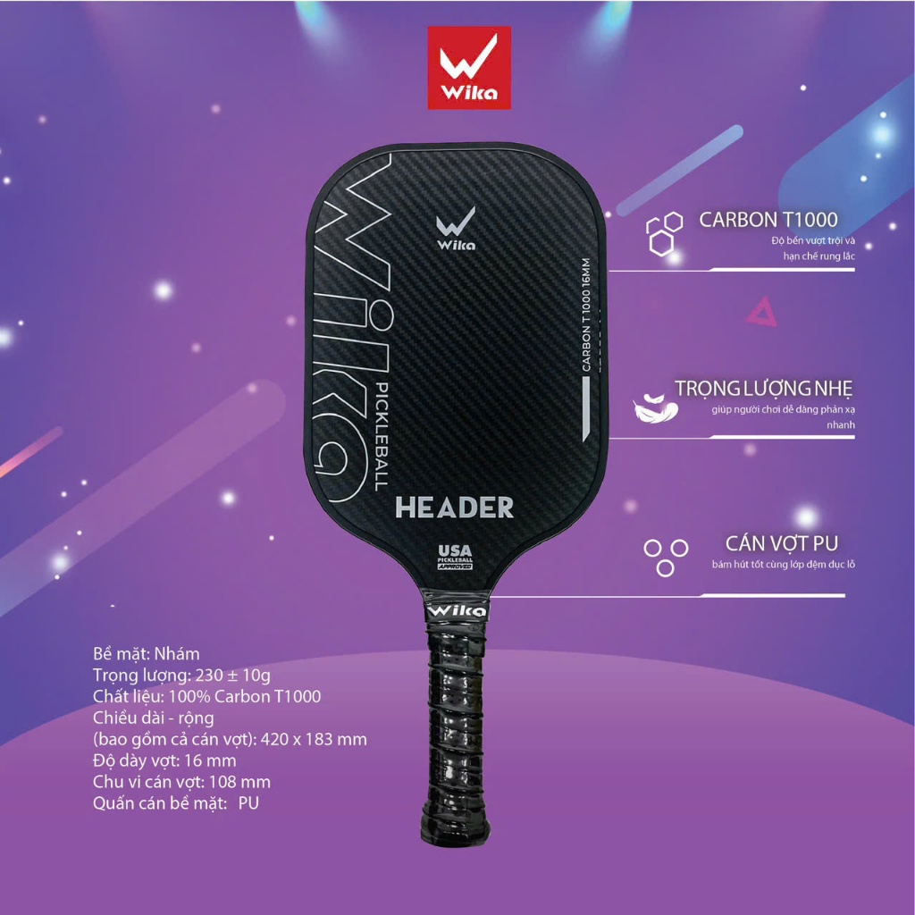 Vợt Pickleball 𝐖𝐈𝐊𝐀 𝐇𝐄𝐀𝐃𝐄𝐑,chất liệu Carbon T1000 đan chéo, tăng độ ...