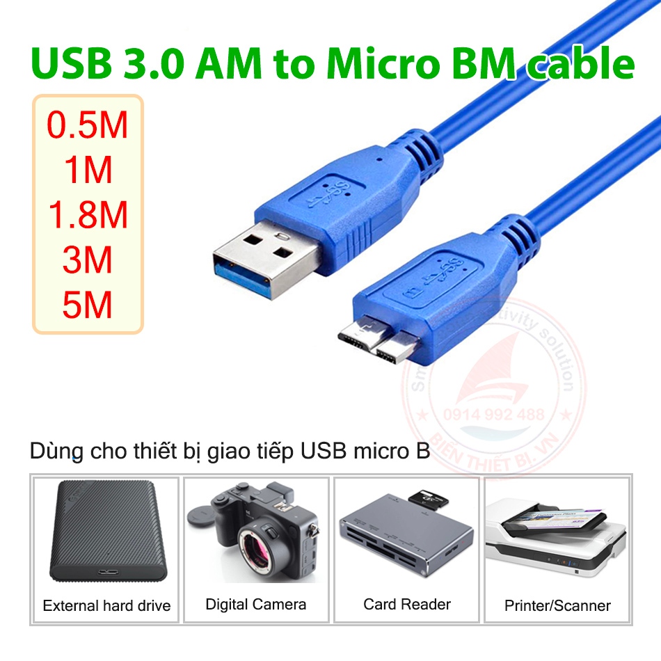 Cáp USB 3.0 AM to Micro BM 50cm 1m 1.8m 3m 5m. Cho máy tính Laptop đầu ...