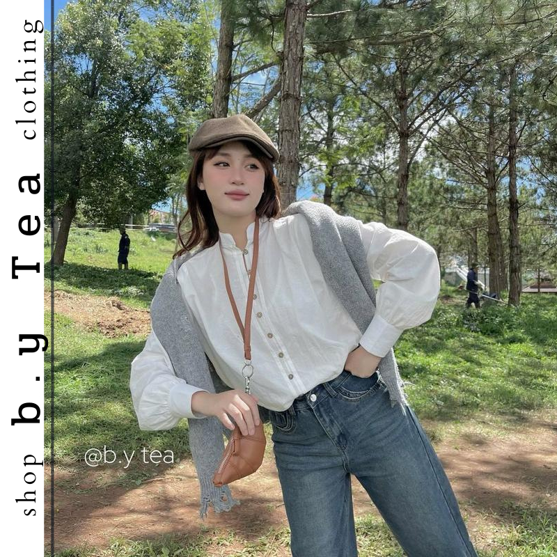 Áo kiểu nữ bytea tay dài cổ tàu cúc dừa | Hery Shirt - B.Y Tea | Shopee Việt Nam