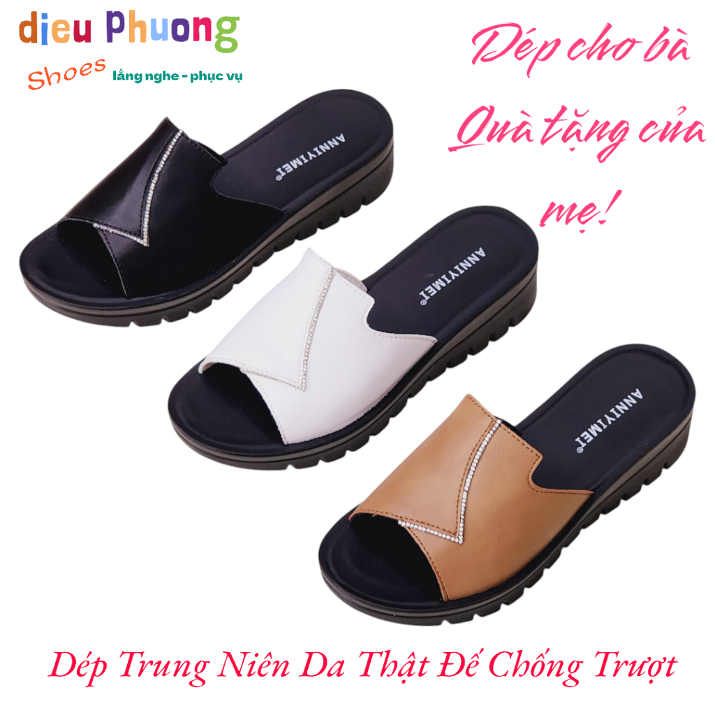 Dép Trung Niên Đế Bằng 4 Phân Da Thật Viền Xoàn - Dép Quai Ngang Chống ...