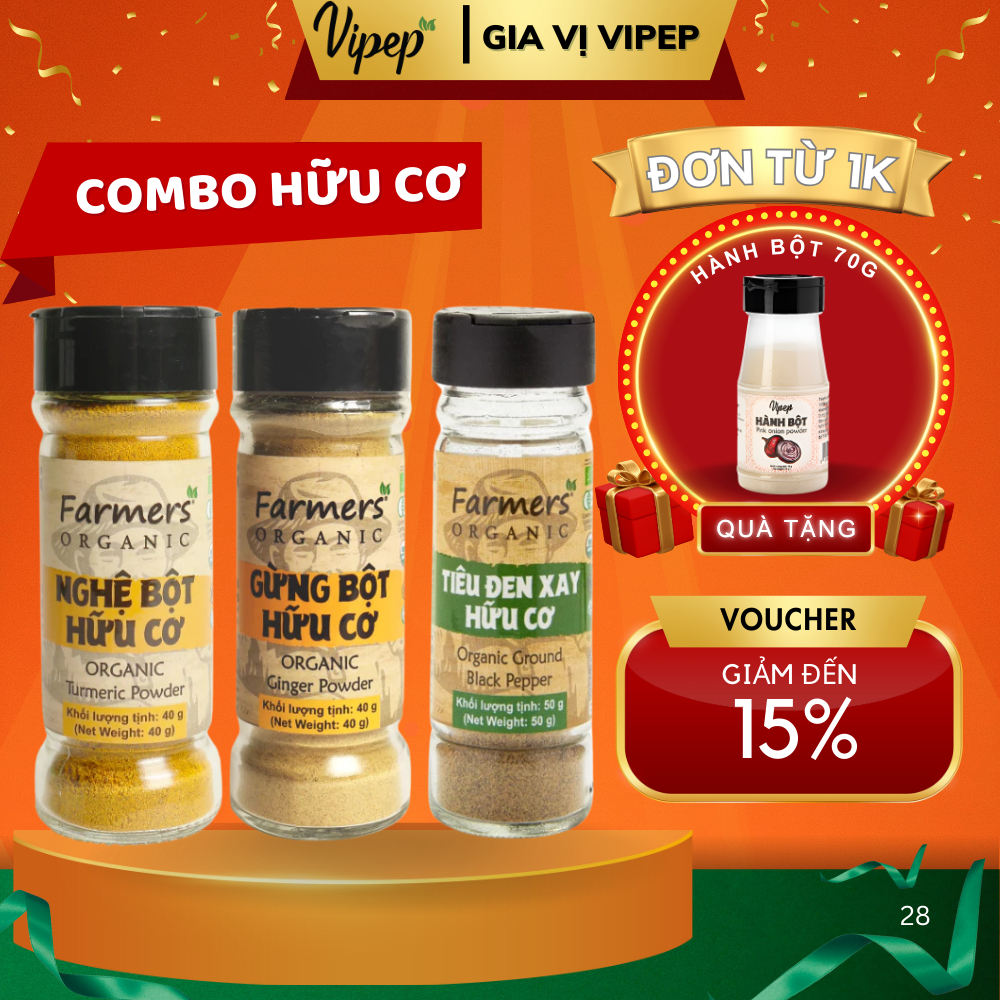 Combo Gia vị hữu cơ Vipep Farmer' Organic Nghệ bột 40g, Gừng bột 40g, Tiêu đen xay 50g | Shopee ...