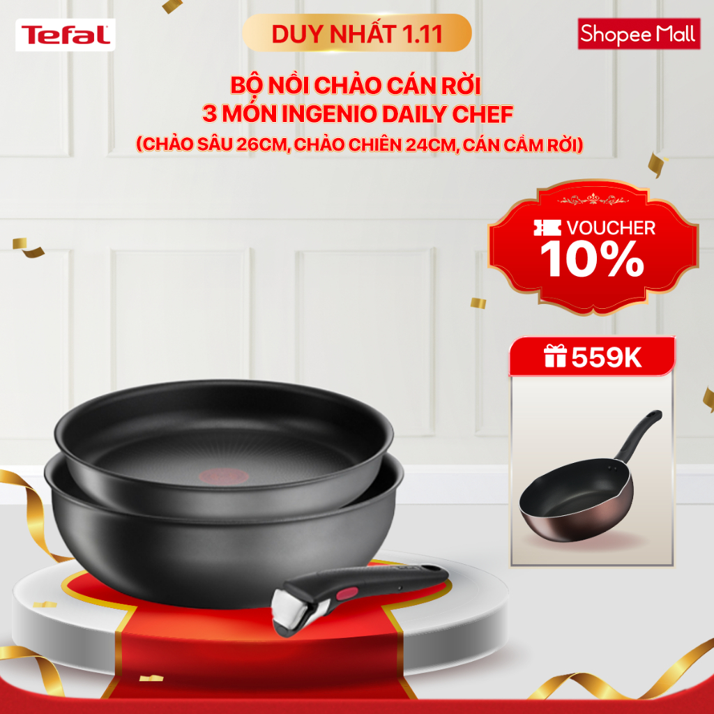 Bộ nồi chảo cán rời 3 món Ingenio Daily Chef (chảo sâu 26cm, chảo chiên ...