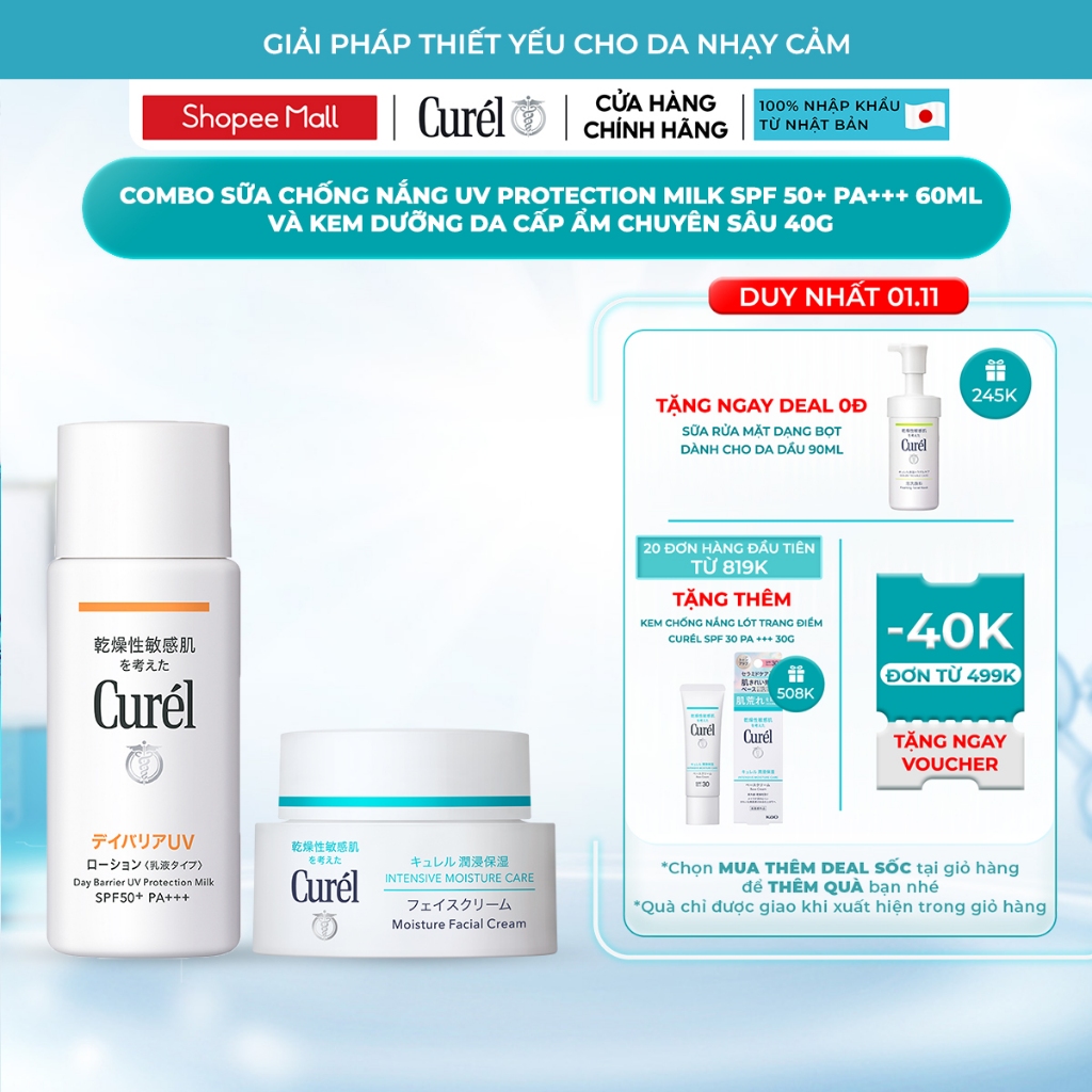 Combo sữa chống nắng Curel UV Protection Milk SPF 50+ PA+++ 60ml và Kem dưỡng da Curel cấp ẩm ...