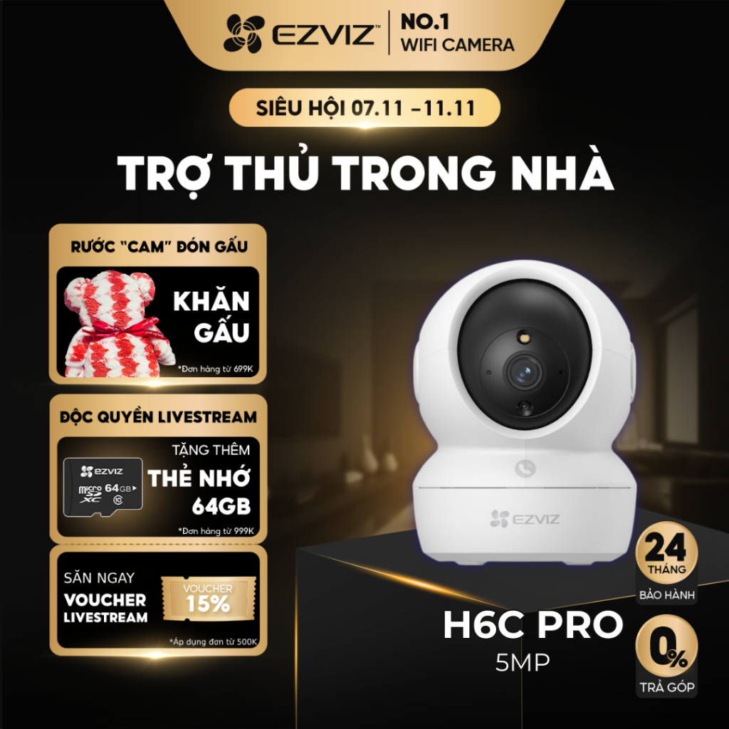 Camera WI-FI EZVIZ H6c Pro 5MP Quay Quét 360 Độ, Chạm để gọi điện, Đàm ...