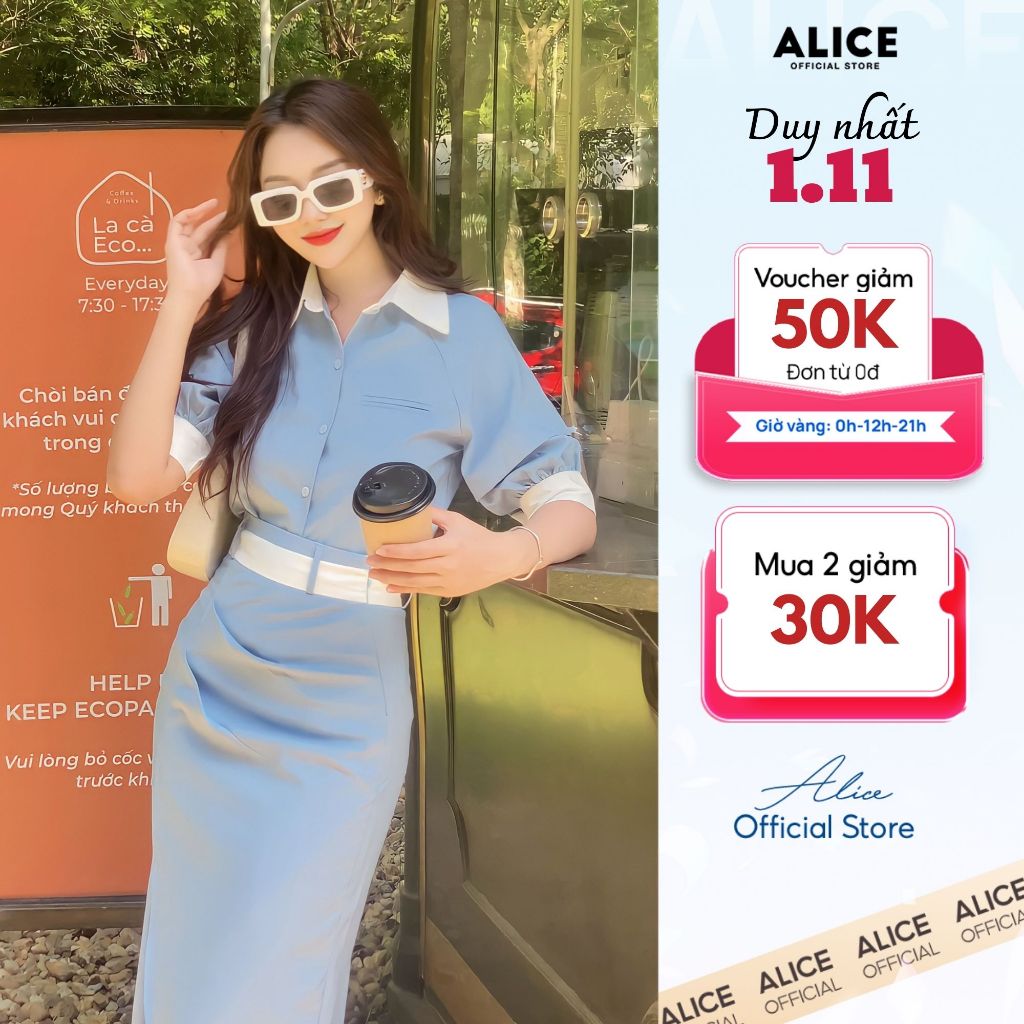 Set Công Sở Áo Sơ Mi Cộc Tay Phối Chân Váy Bút Chì Xẻ Tà ALICE Tay Bồng ...