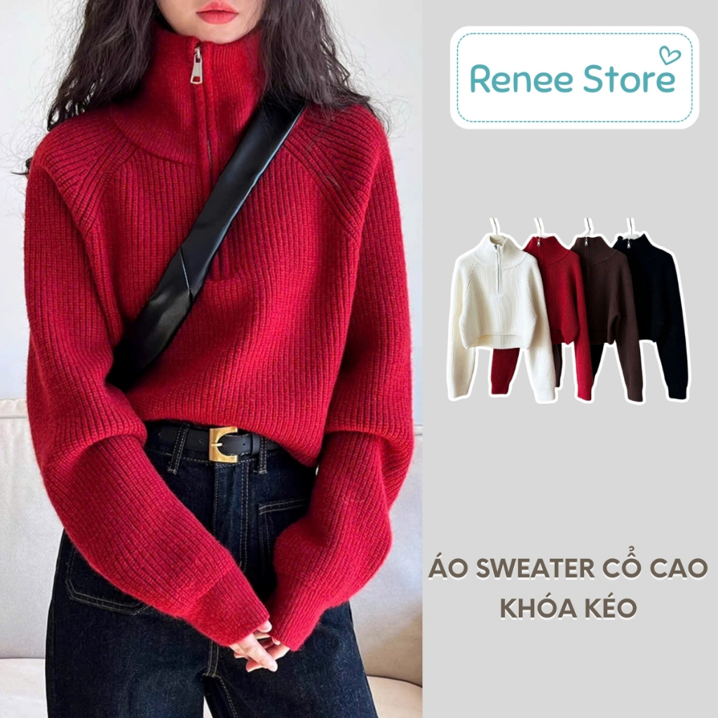 Áo sweater len cổ cao kéo khóa, áo len polo dài tay dáng croptop Renee ...