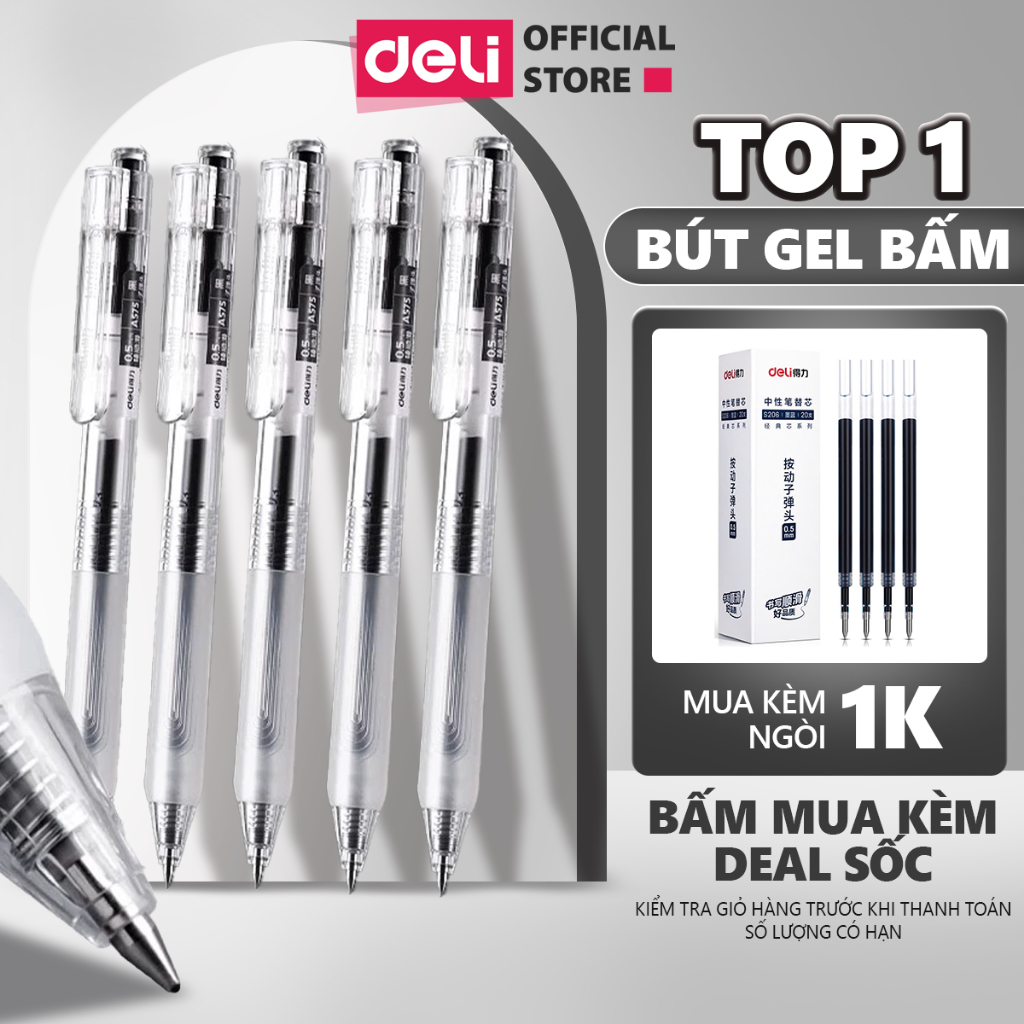 [TOP 1 BÚT GEL] Bút bi gel bấm văn phòng Deli mực đen ngòi 0.5mm học sinh mực đều chữ đẹp A575 ...