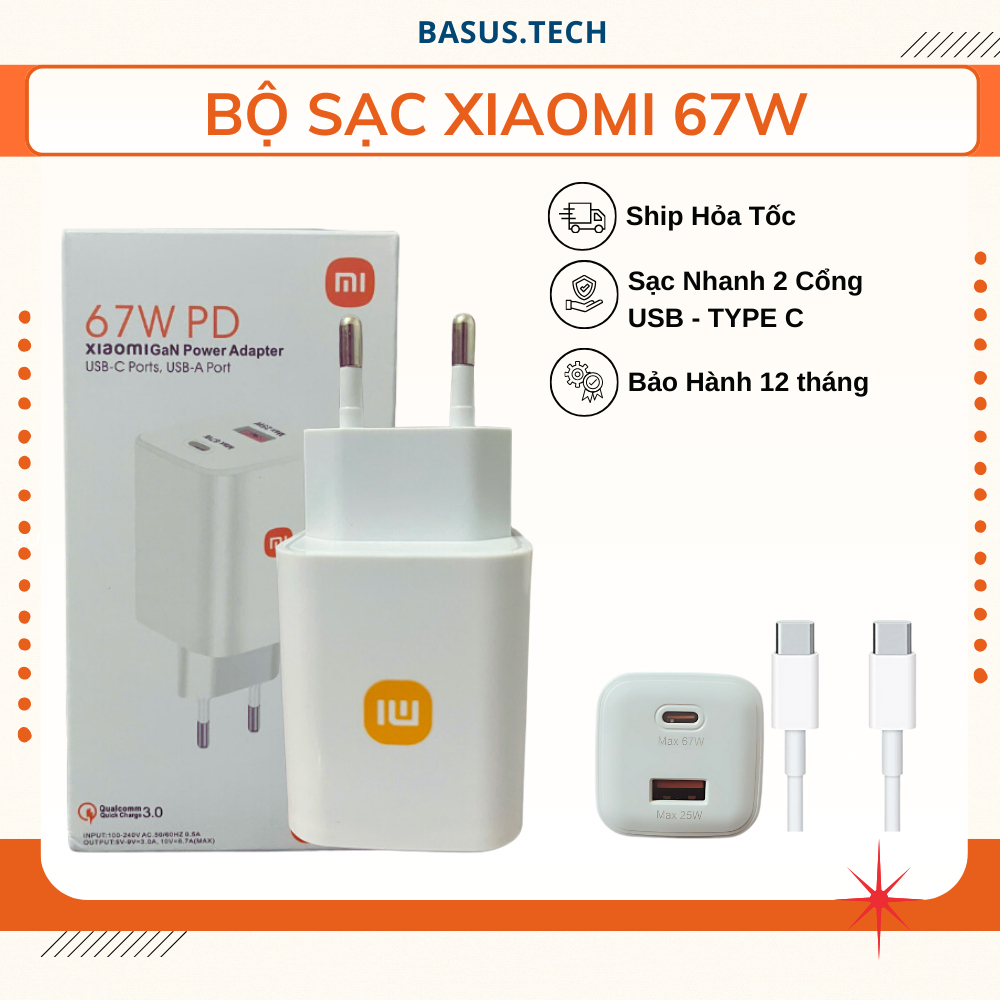 Bộ sạc nhanh Xiaomi 67W sạc nhanh chính hãng, sạc nhanh đa năng 1PD 67W + 1USB 25W, không nóng ...