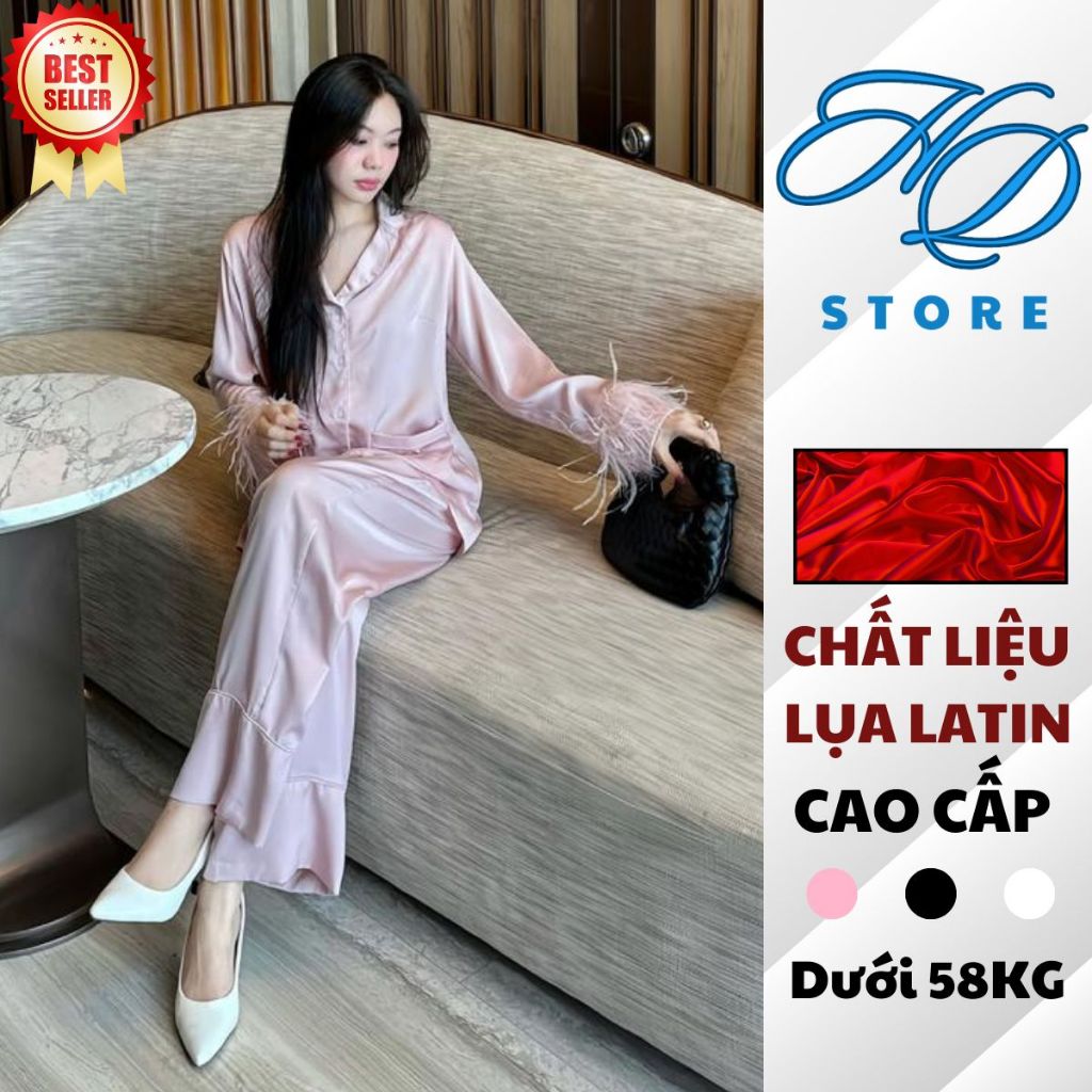 [Hoả Tốc HCM] Đồ Bộ Nữ Pijama Cao Cấp Lụa Latin Áo Phối Lông Vũ Bộ Ngủ Đồ Ngủ Tết Pyjama DƯỚI 1 ...