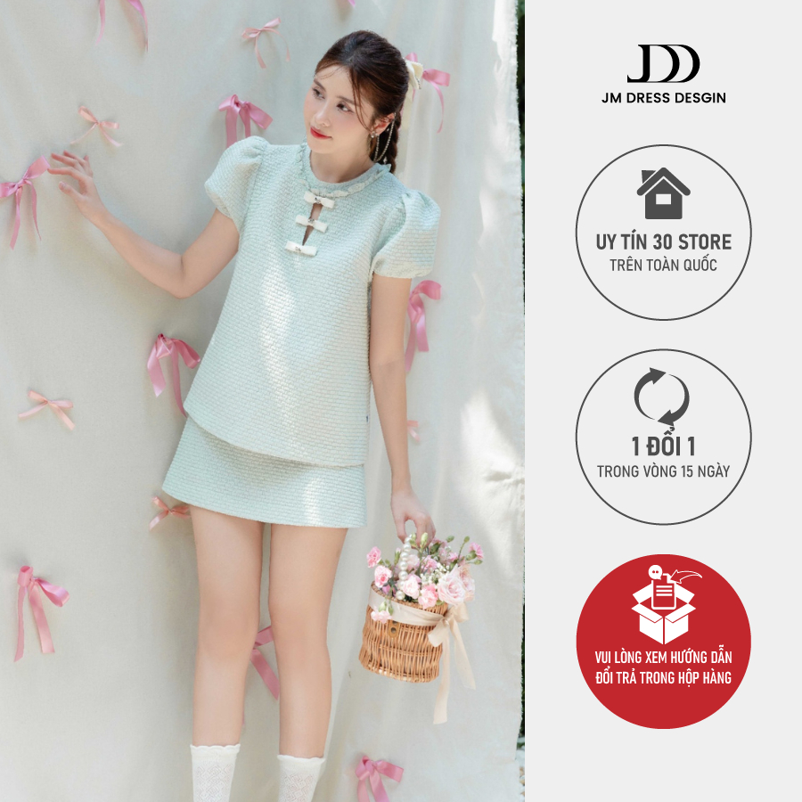 Set bộ áo cổ tròn phối bèo nơ 2T32.2405K, chân váy a phối nơ 4S19.2405K thiết kế bởi JM Dress ...