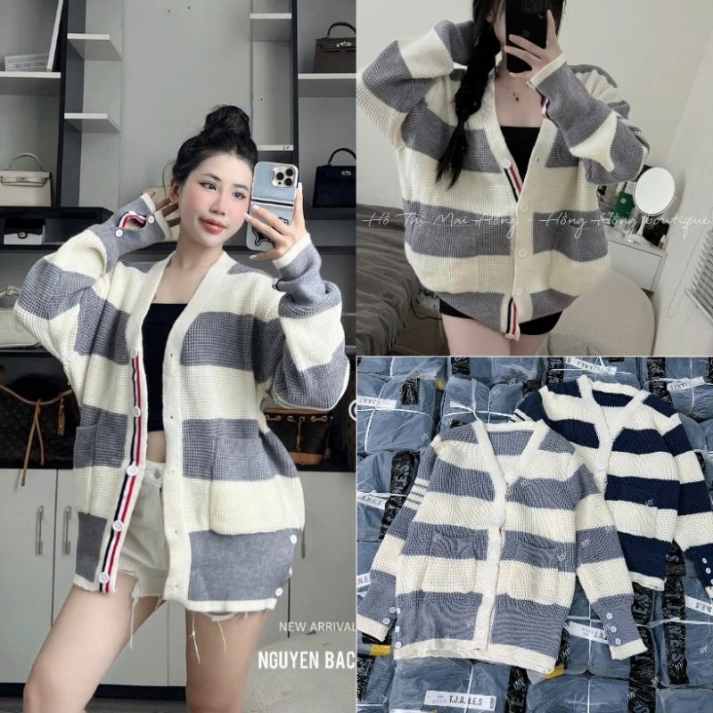 Áo Khoác Len Cardigan Nữ Hàn Quốc Kẻ Túi Phối Sọc Thome- Halinh Shop ...