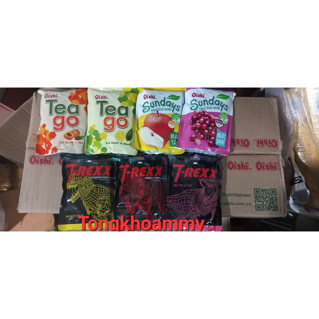 Thùng 50 gói trà teago chanh/ đào, nước trái cây oishi nho/ táo, nước tăng lực oishi trexx dâu ...
