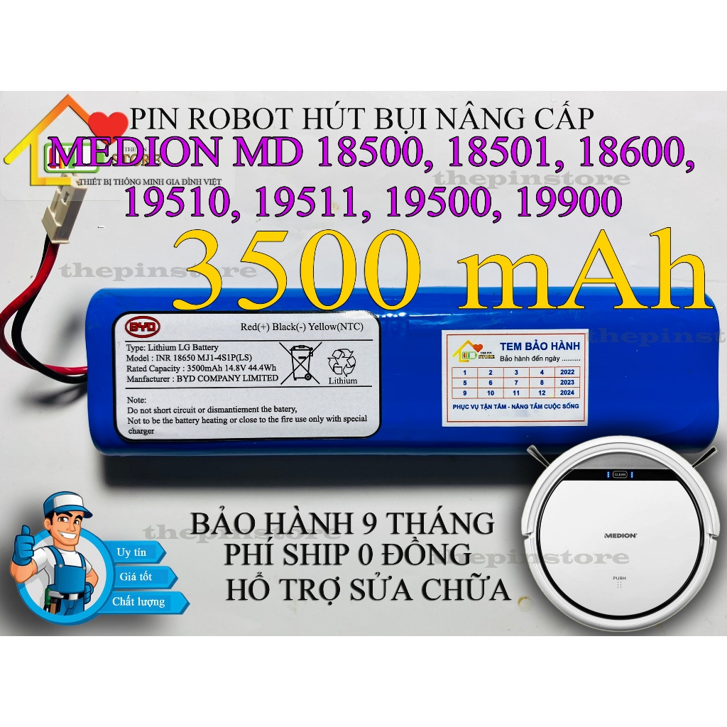 (DUNG LƯỢNG 3500 mAH) PIN ROBOT HÚT BỤI LAU NHÀ MEDION MD 18500, 18501 ...