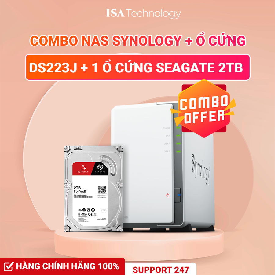 [Combo] NAS Synology DS223J và 1 Ổ Cứng Seagate 2TB – 3.5", 5400 RPM, SATA, 2 khe cắm, Chính ...