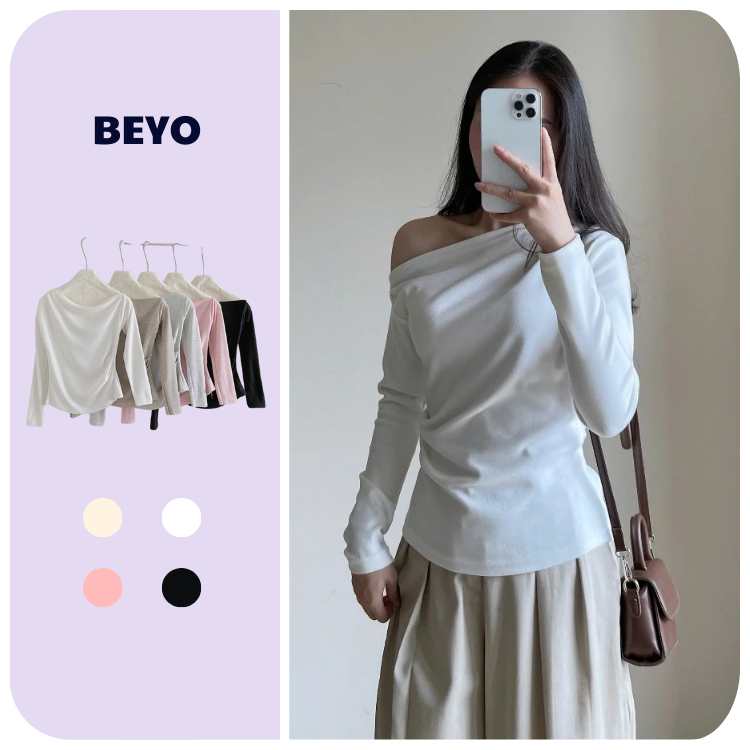 Áo thun lệch vai Beyo áo nữ dài tay nhún eo chất tăm dày mịn T076 ...
