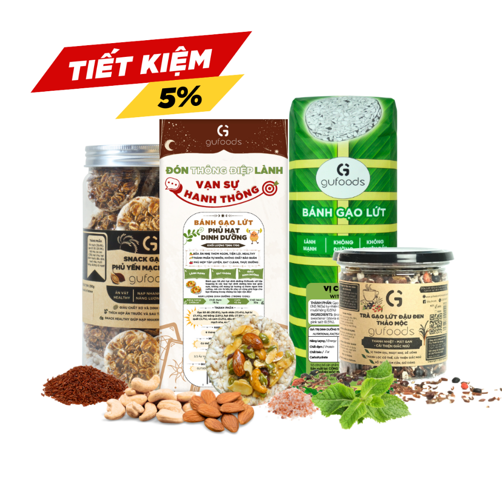 Combo Trải nghiệm Top bán chạy GUfoods: Bánh gạo lứt 170g, Bánh phủ hạt ...