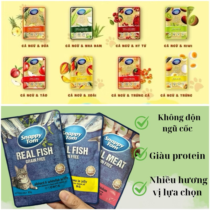 Pate Snappy Tom Fish & Meat gói 85g và Snappy trái cây dành cho mèo ...