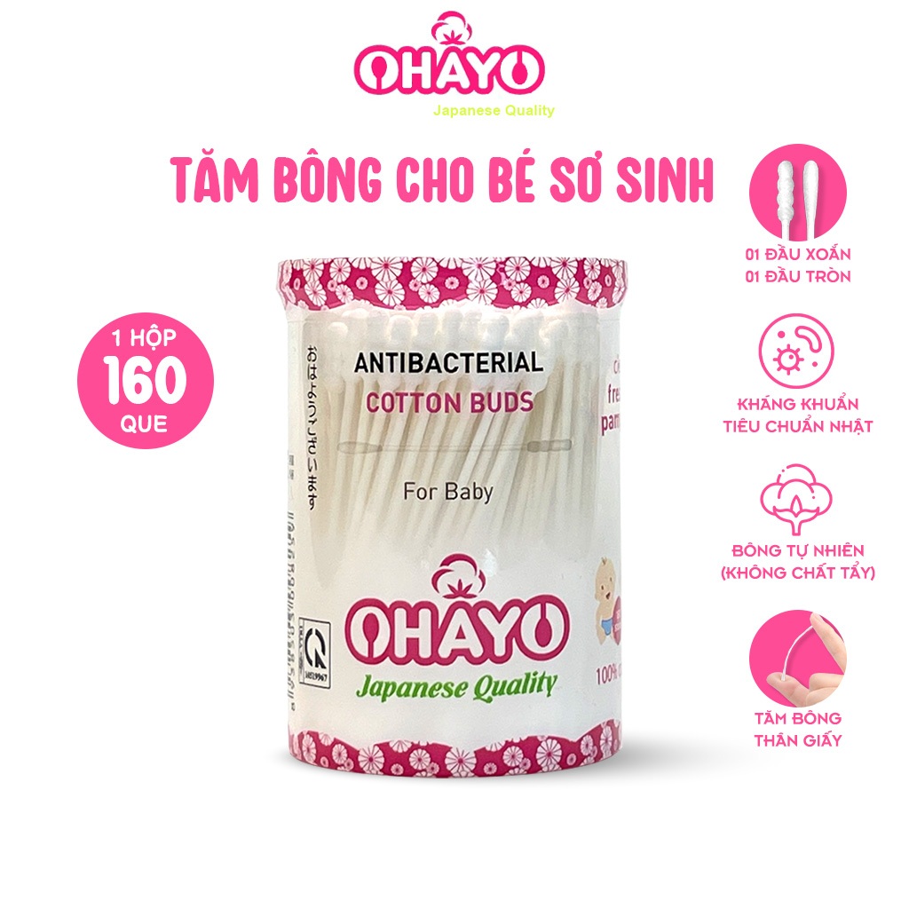 Tăm Bông Ohayo Kháng Khuẩn 100% - An Toàn - Đầu Bông 1 Xoắn 1 Tròn - Hộp 160 Que - JP02 | Shopee ...