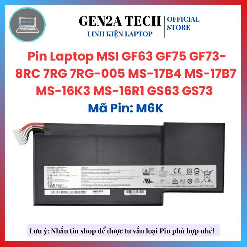 Pin Laptop MSI GF63 GS63 8RD 8RC GF75 BTY BTY-M6K 7RG 7RG-005 M6K ...
