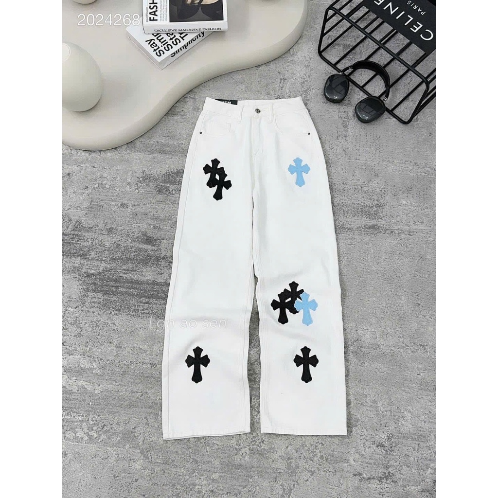 Quần dài jean denim bò dáng suông trắng chữ thập thêu da Mía QCCC QCL1 ...