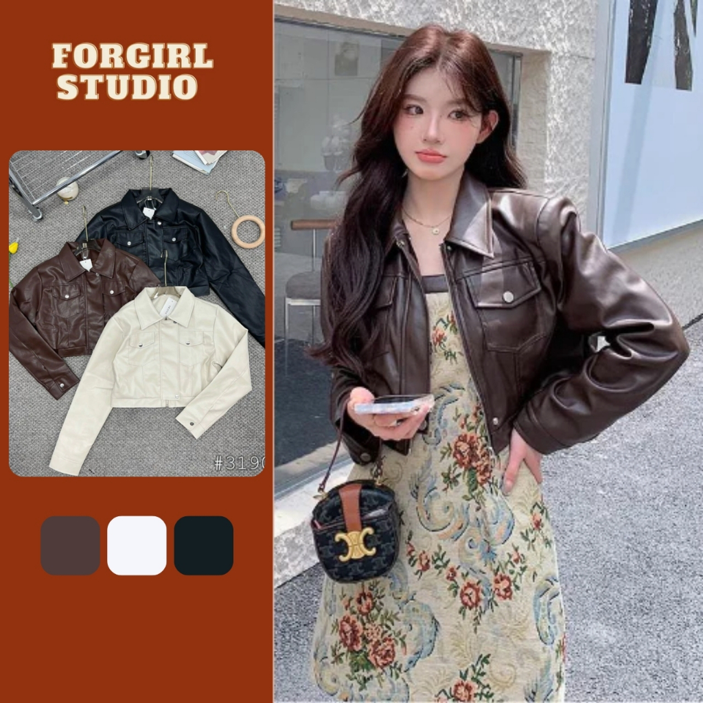 Áo khoác da Forgirlstudio kéo khóa kiểu dáng croptop cá tính phong cách y2k dành cho nữ T012 ...