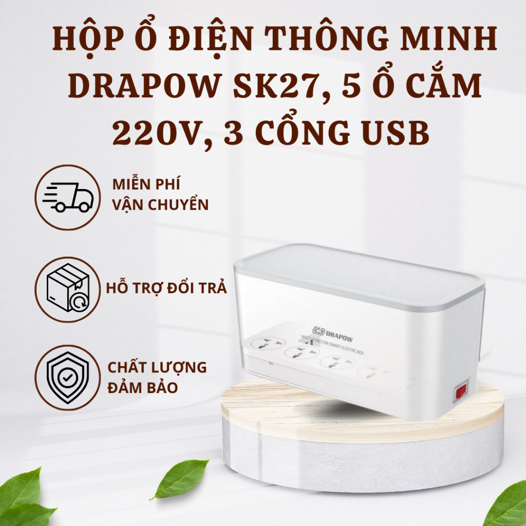 Hộp ổ điện thông minh Drapow SK27, 5 ổ cắm 220v, 3 cổng USB , giấu gọn ...