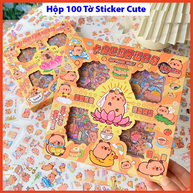 Hộp 100 tấm sticker Capy cute dễ thương,set 100 tờ sticker trang trí ...