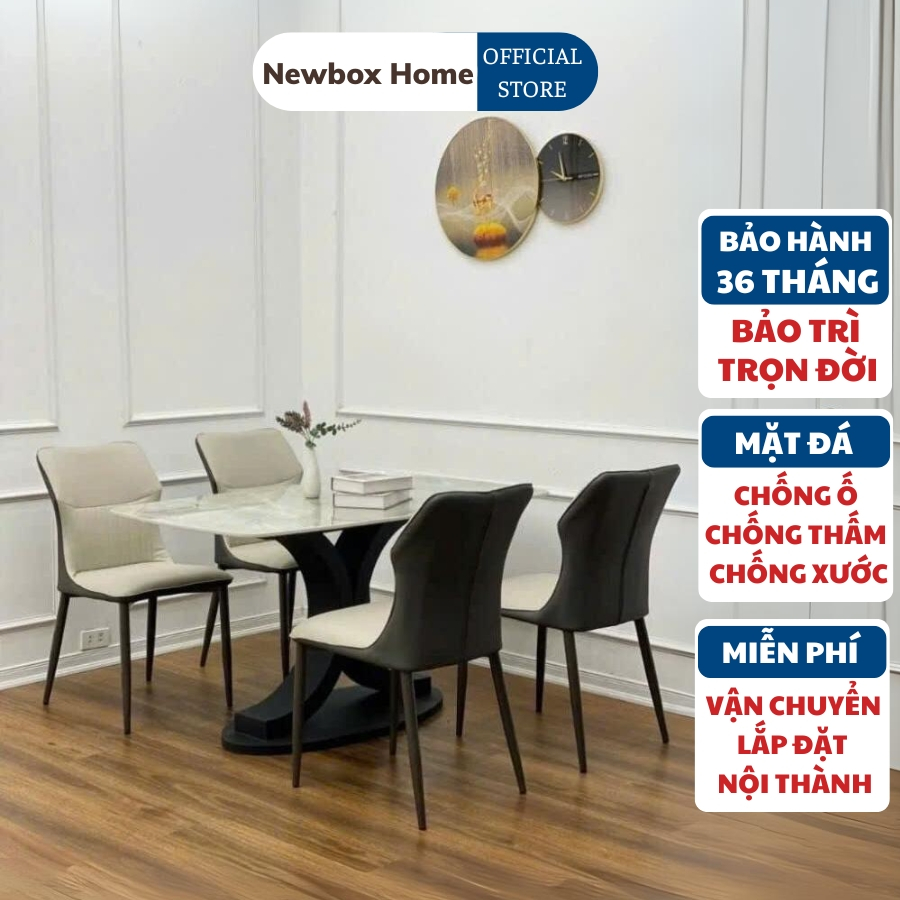 Bộ bàn ăn cơm 4 ghế, Bàn ăn mặt đá Ceramic chân Channel kết hợp cùng ghế Kelly bọc da cao cấp ...