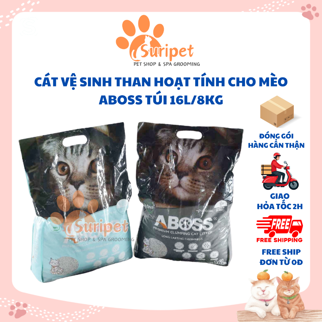 Cát vệ sinh cho mèo ABOSS than hoạt tính Túi 16L/8kg, Khử mùi tốt, vón cục nhanh, ít mụi ...