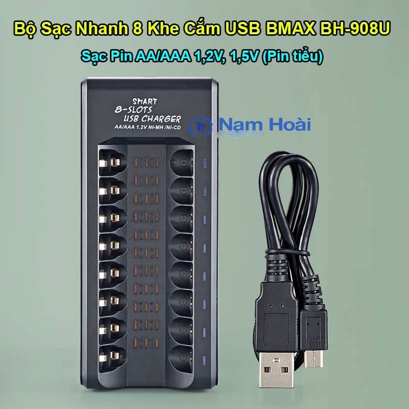 Bộ Sạc 8 Pin AA/AAA BMAX 908U Tự Ngắt cho micro karaoke, đồ chơi, chuột ...