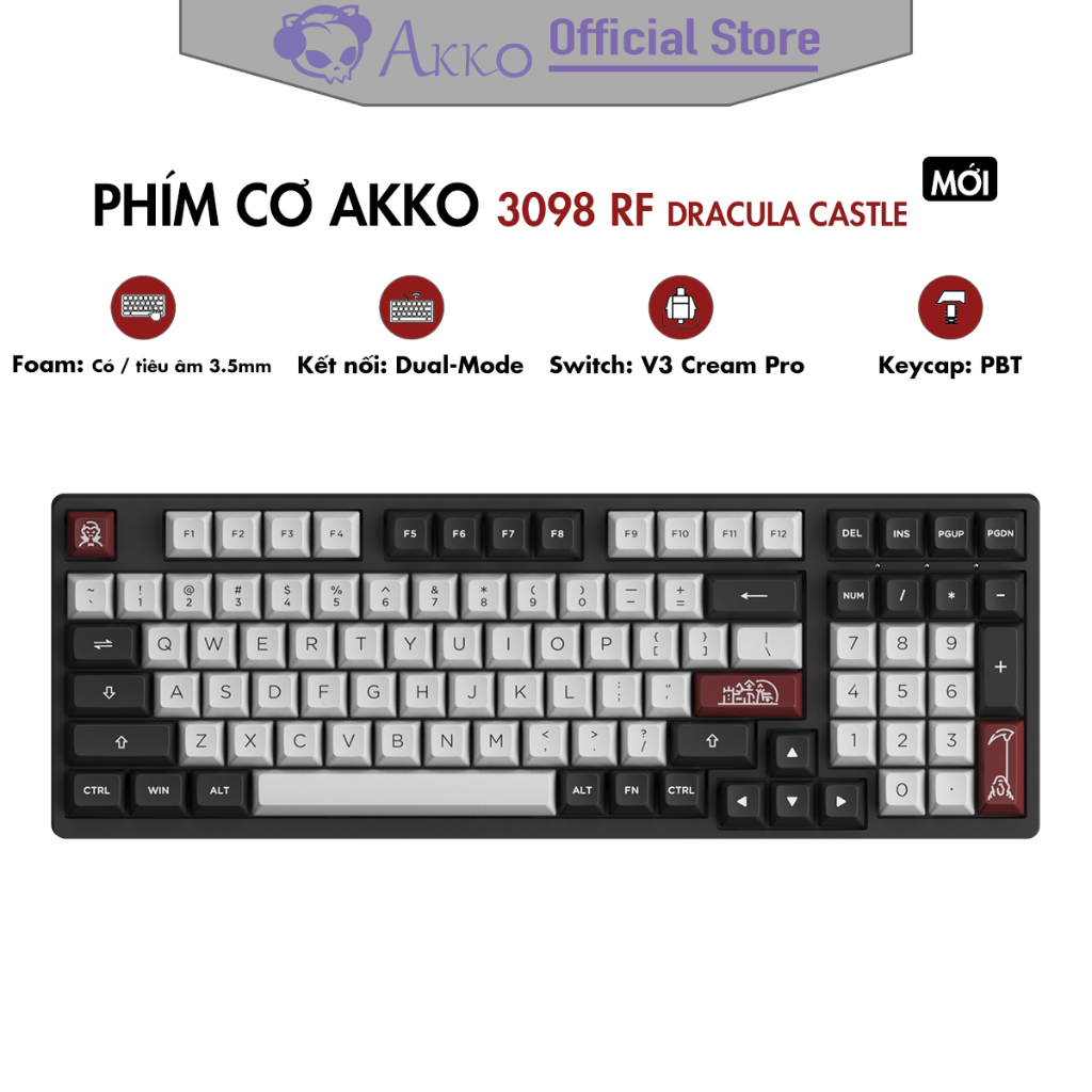 Bàn phím cơ AKKO 3098 RF Dracula Castle [ Dual-mode / Switch V3 Cream Pro / Foam tiêu âm / 98 ...