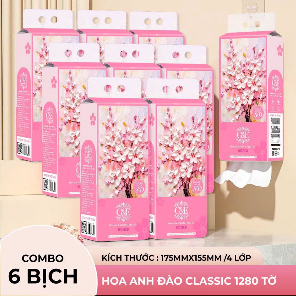 Thùng 6 Bịch 7680 Tờ Giấy Treo Cao Cấp C&E Hoa Anh Đào, Giấy Rút Đáy Đa ...