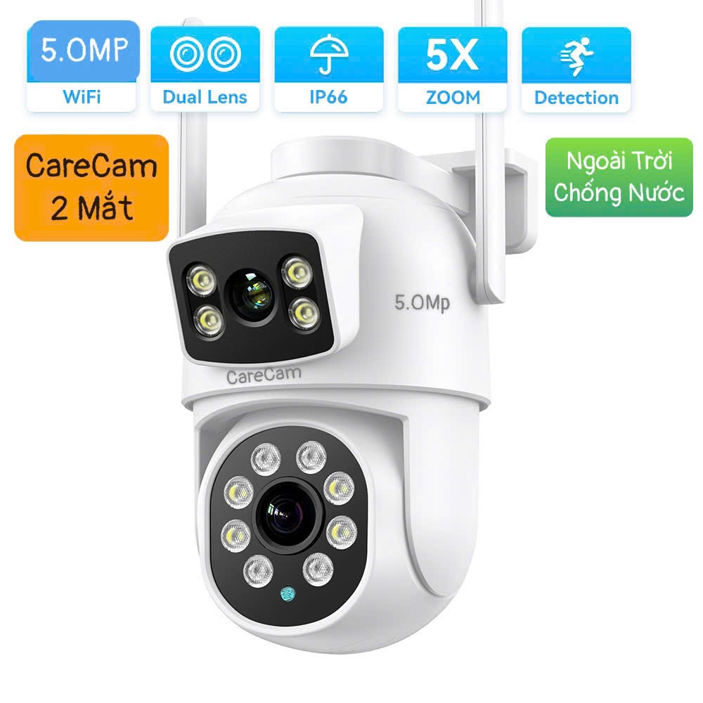 Camera CareCam Ngoài trời 2 Mắt 2 Khung Hình 5.0Mpx, Chống nước, Có màu ...