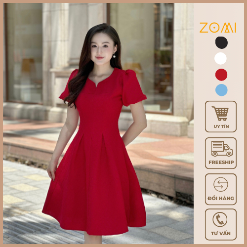 Đầm nữ xếp ly dáng xòe cổ cách điệu tay phồng thiết kế trẻ trung sang trọng vải dày dặn Zomi ...