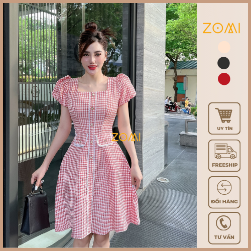 Đầm dự tiệc cổ vuông vải dạ bố sọc cao cấp thiết kế ZOMI Z035 | Shopee Việt Nam