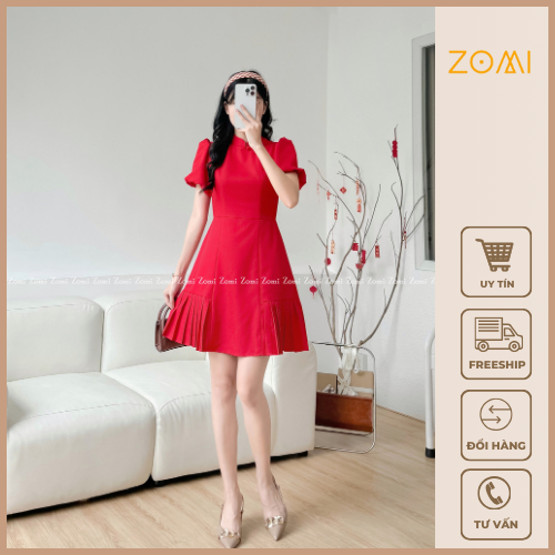 Đầm đỏ cổ trụ nút bọc xếp ly z042 | Shopee Việt Nam