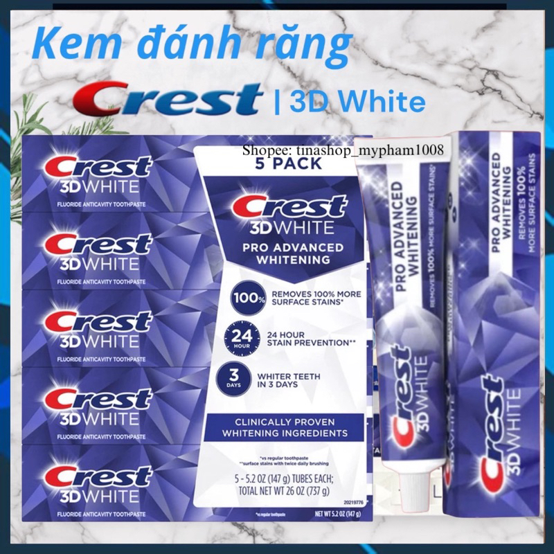[Mã COSBAUH3 giảm 8% đơn 300K] Set 5 Kem đánh răng Crest 3D White Advanced Whitening 147g/tuyp ...