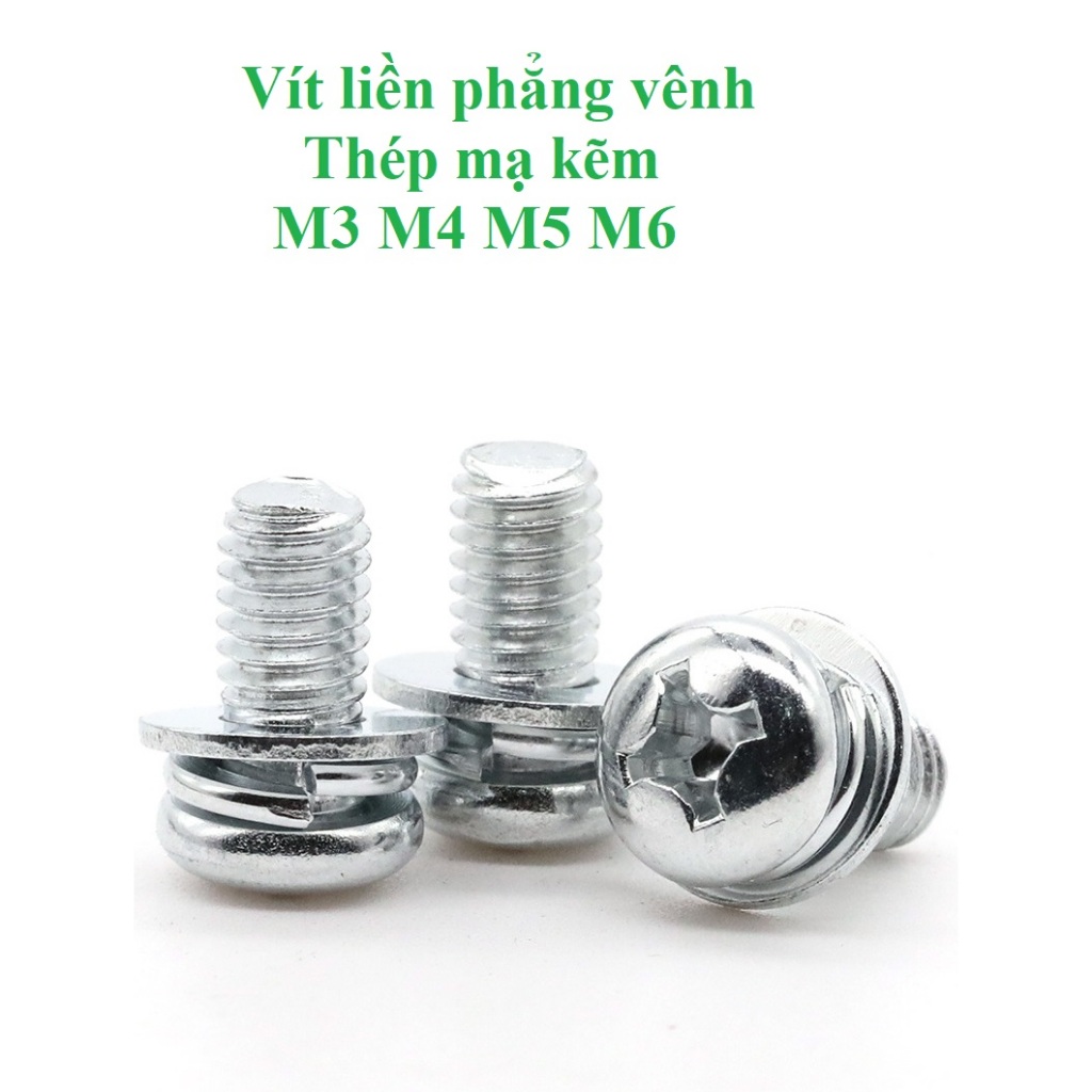 50 cái M3-M6 Vít pake liền long đen, vít liền phẳng vênh thép mạ M3, M4 ...