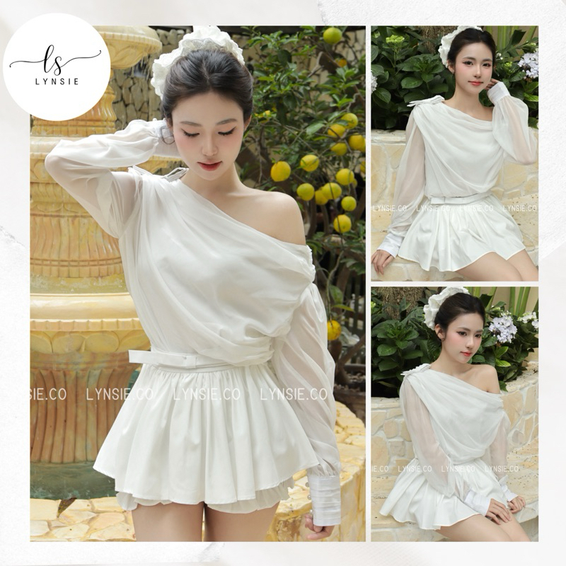 [Daria Set] Set áo lệch vai tơ mịn tiểu thư phối nơ (Ảnh thật by Lynsie) | Shopee Việt Nam