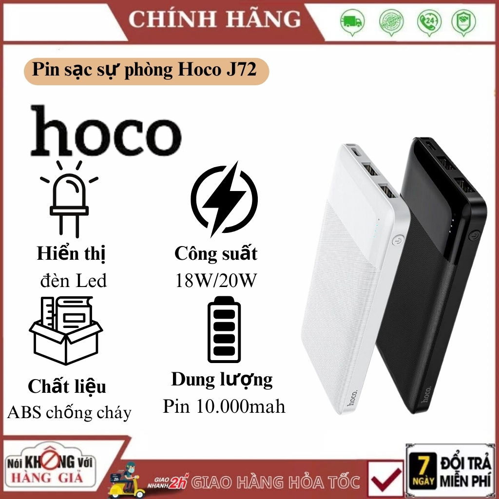 Sạc dự phòng Hoco J72 dung lượng 10000mah có đèn LED báo mức pin, sạc 2 cổng USB (không hỗ trợ ...
